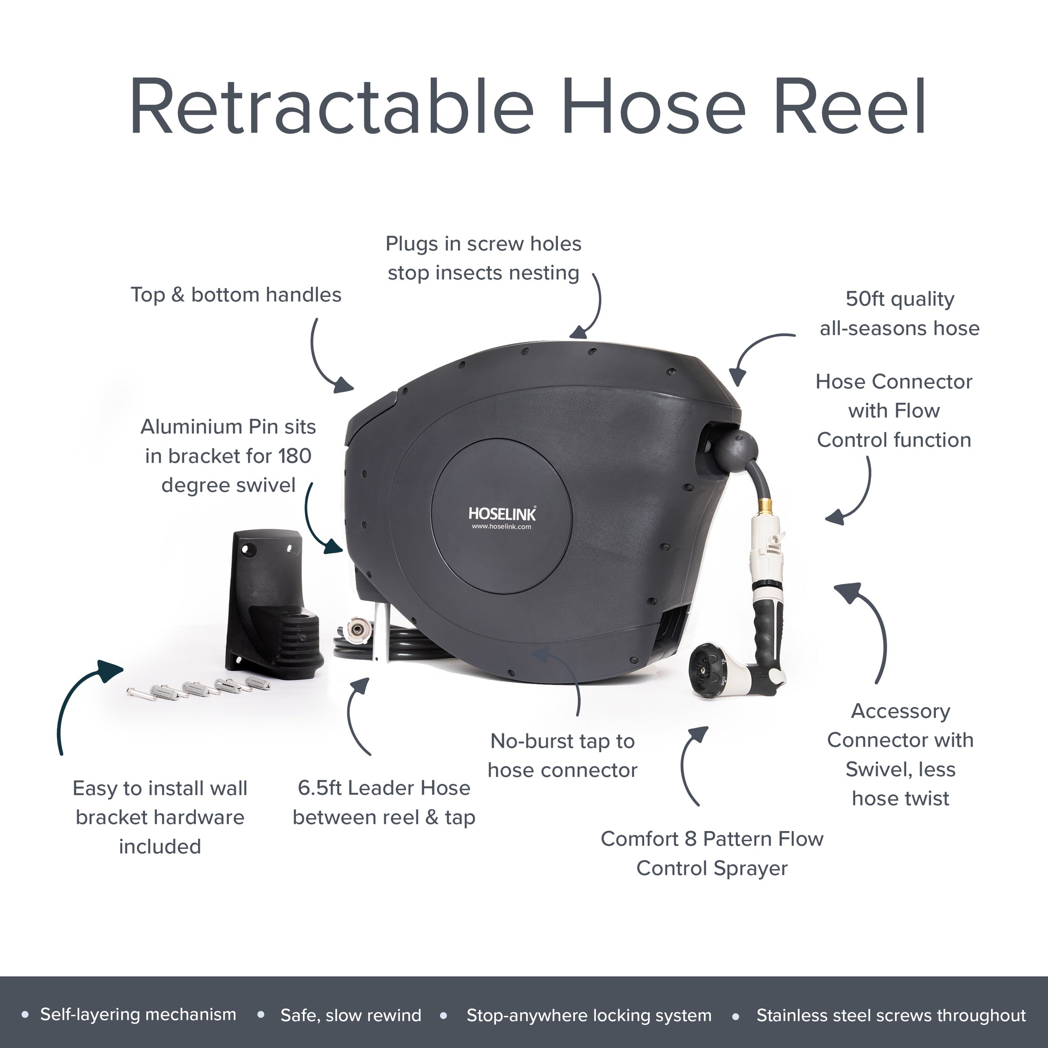50ft Retractable Hose Reel Charcoal | Hoselink – Hoselink USA