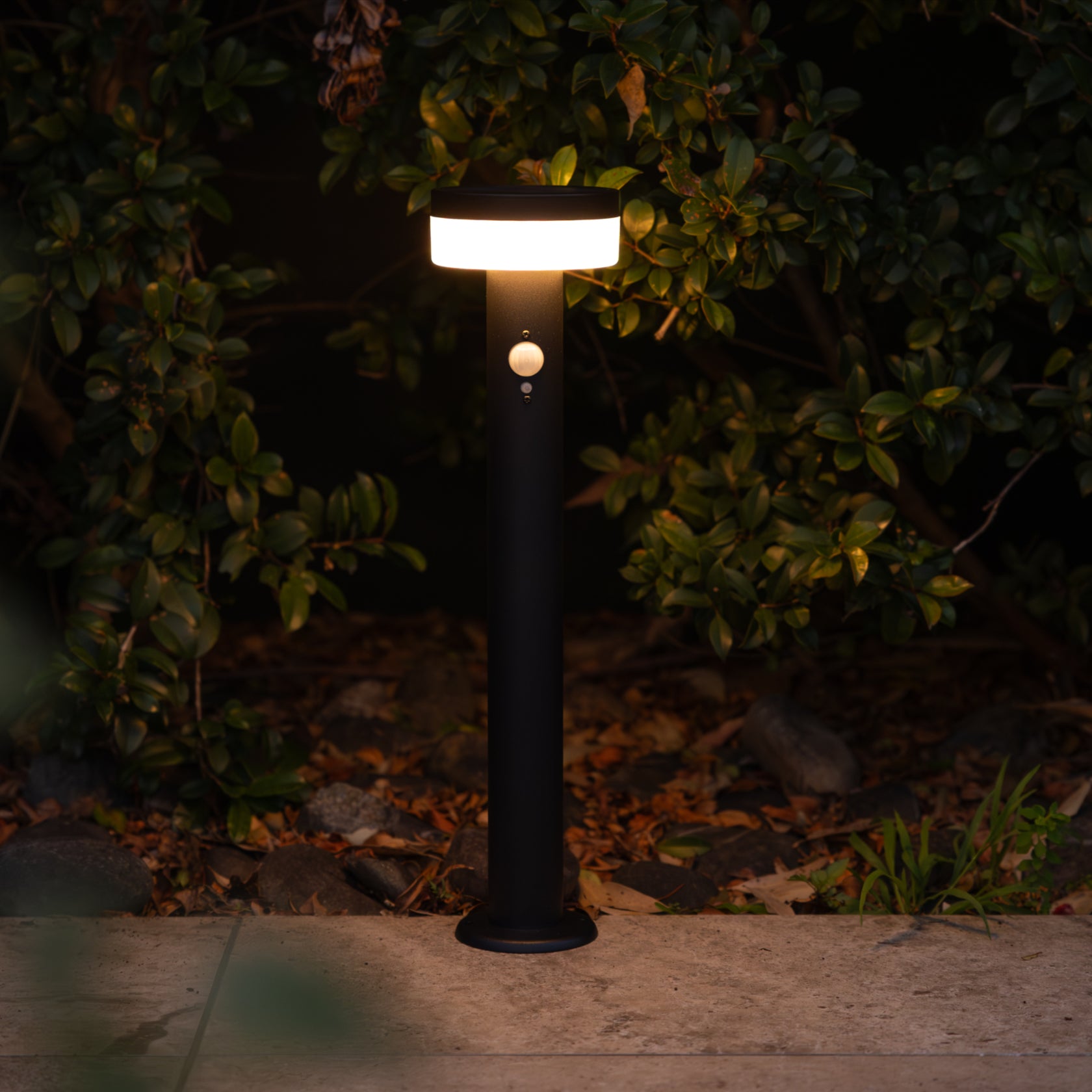 Solar Powered LED Bollard Light | Motion Sensor | Black Stainless Steel ...